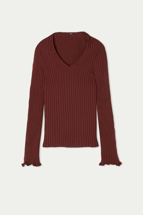 Long-Sleeved V-Neck Ribbed Top - | Tezenis