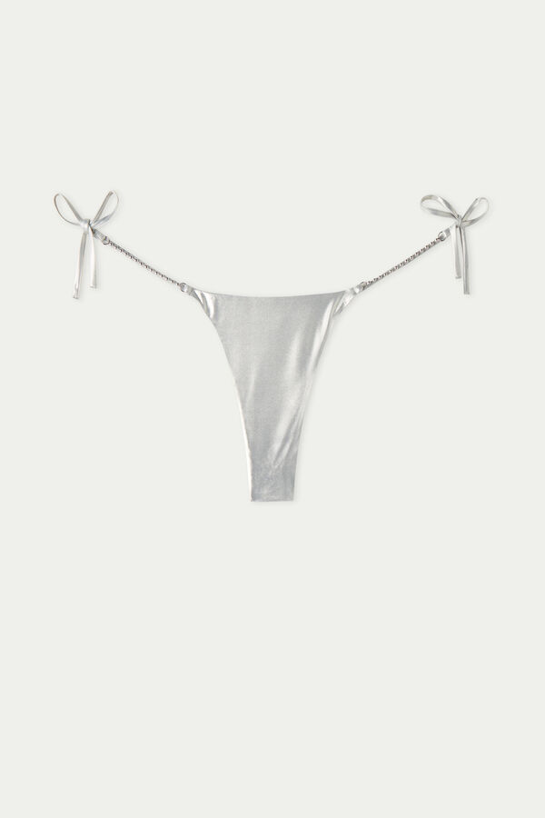 Metallic Silver Side Tie Brazilian Thong Bikini Bottoms Tezenis
