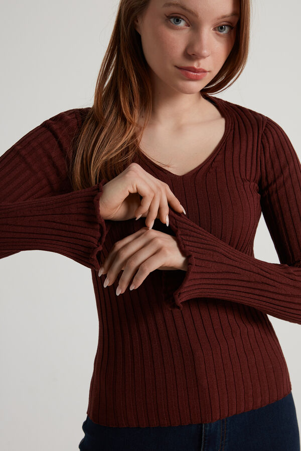 Long-Sleeved V-Neck Ribbed Top - | Tezenis