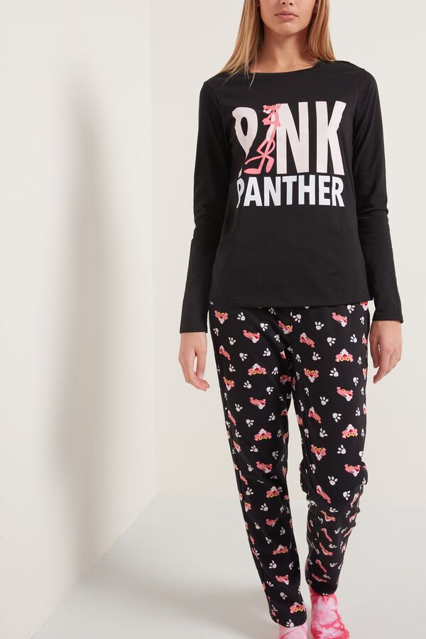 Black Pink Panther Print Long Cotton Pyjamas - | Tezenis