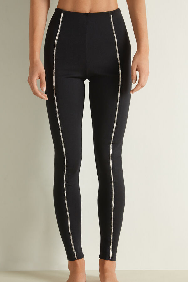 High-Waist Leggings with Rhinestone Seam - | Tezenis