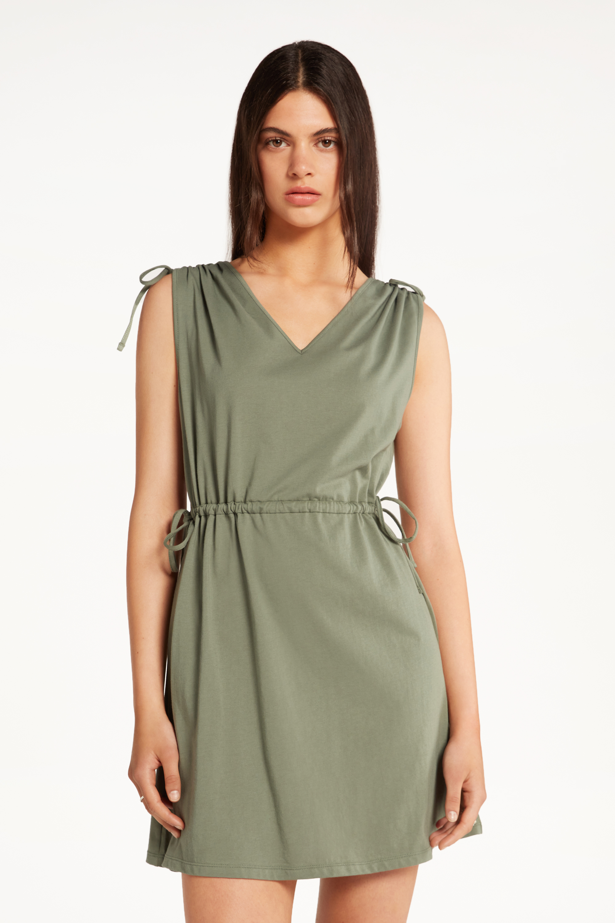 Short Cotton Dress with Gathering and Drawstring - | Tezenis