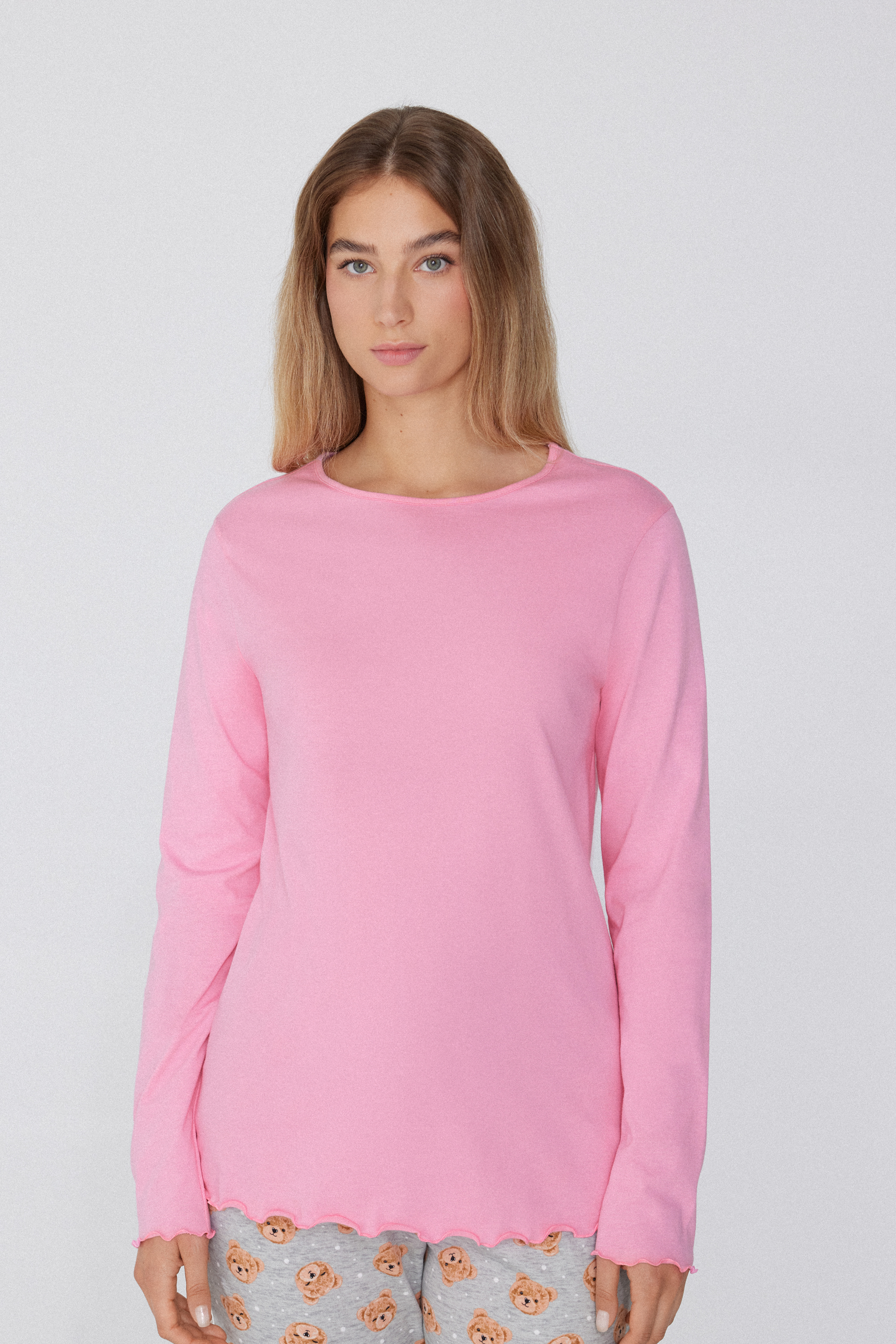 Long Sleeve Lettuce Leaf Stitch Cotton Top - Pajama Sets - Women | Tezenis