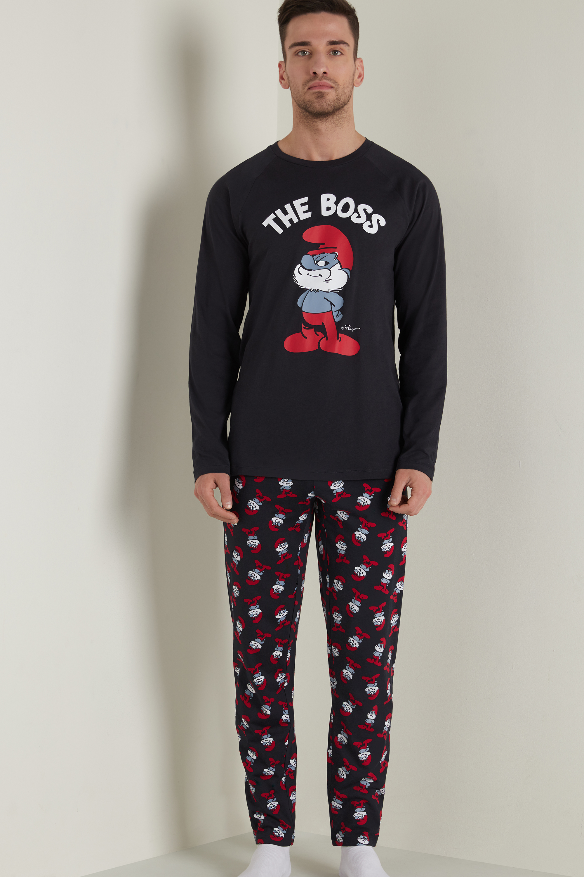 Long Cotton Pyjamas with Boss Smurf Print - | Tezenis