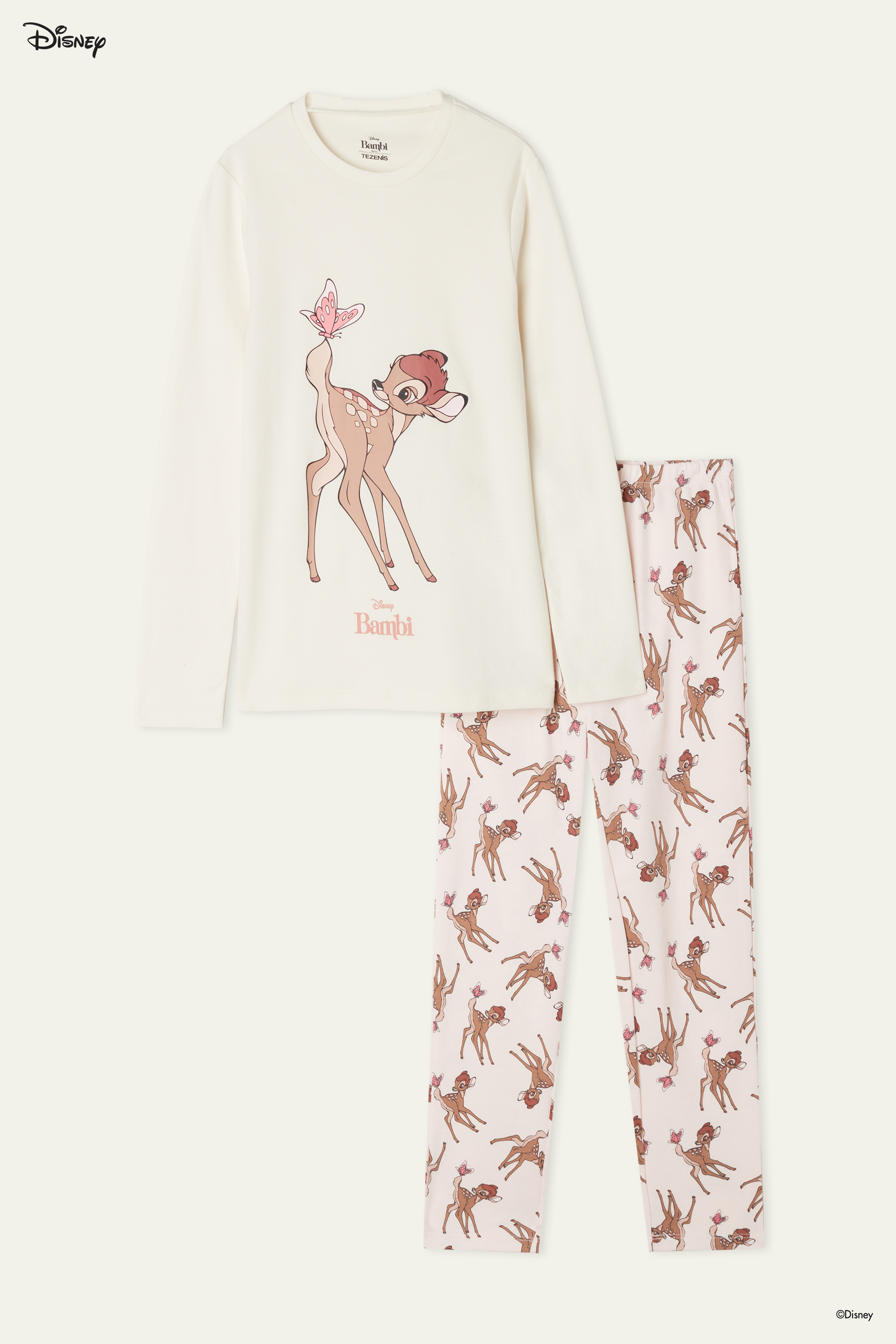 Girls’ Pink/White Long Pyjamas with Disney Bambi Print - | Tezenis