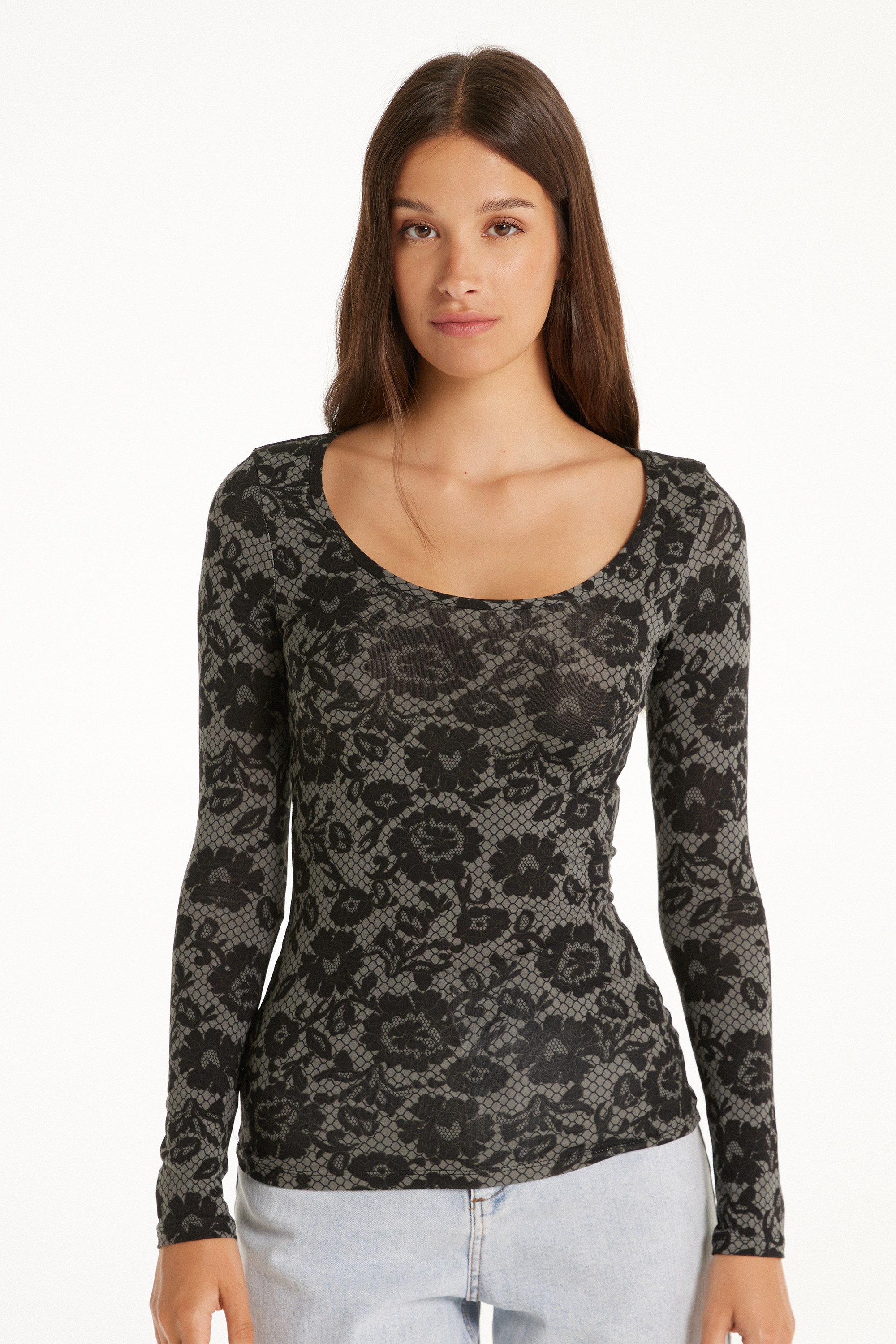 Wide Neck Long Sleeve Top in Printed Viscose - Long-Sleeved Tops ...