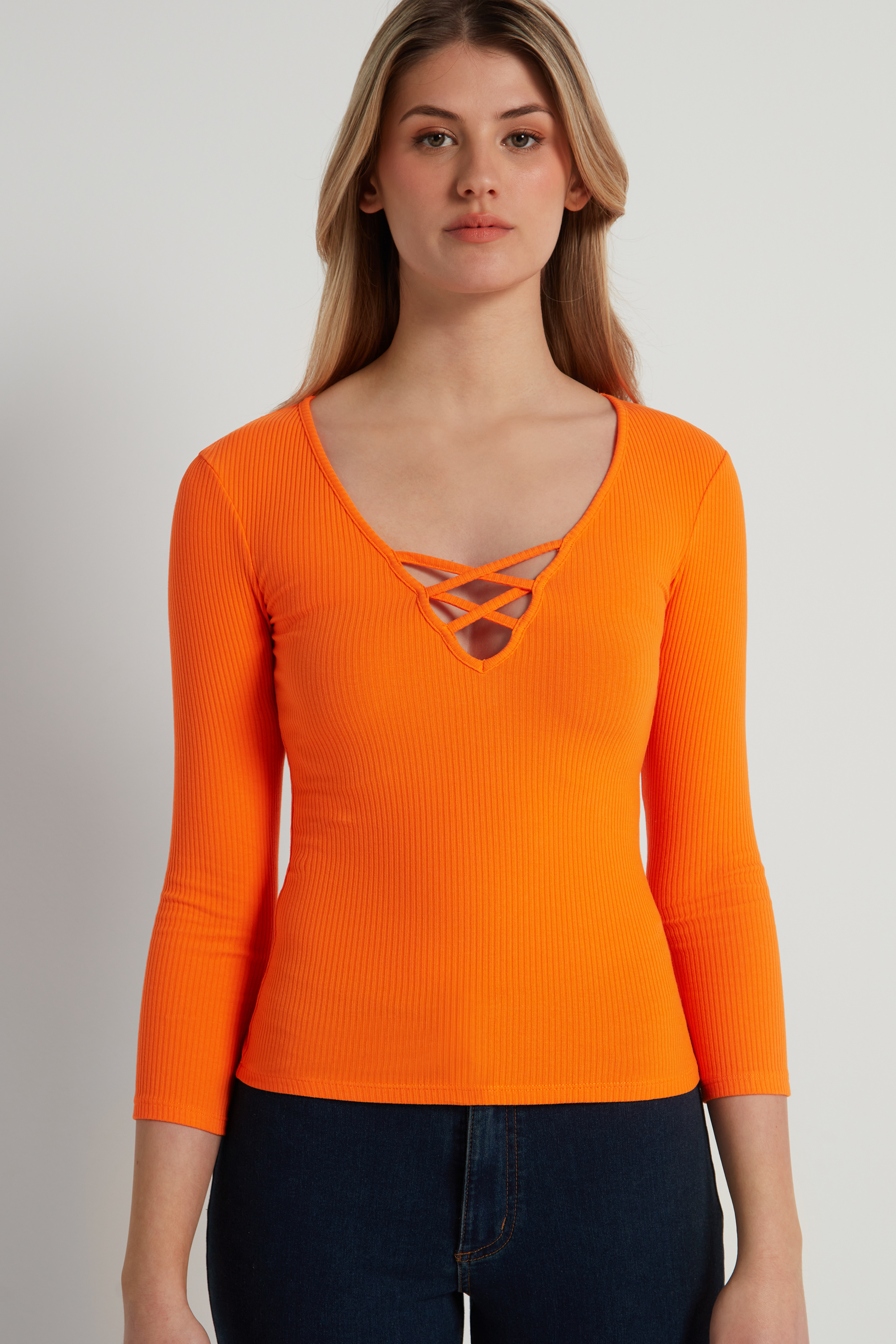 Long Sleeve V-Neck Ribbed Sweater with Lacing - | Tezenis