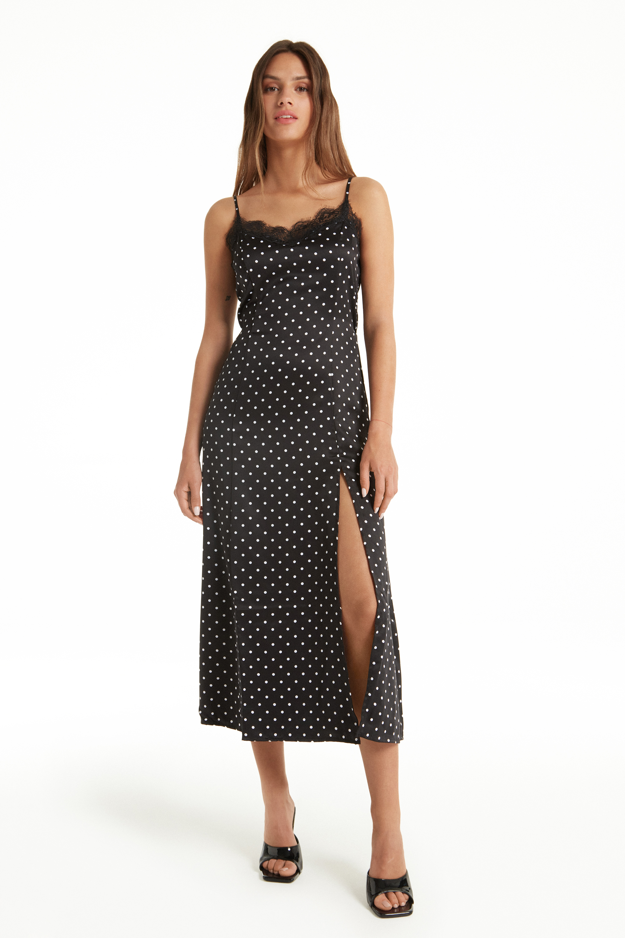 Vékony Vállpántos Csipkés Szatén Midi Ruha - Egyberuha - Női | Tezenis