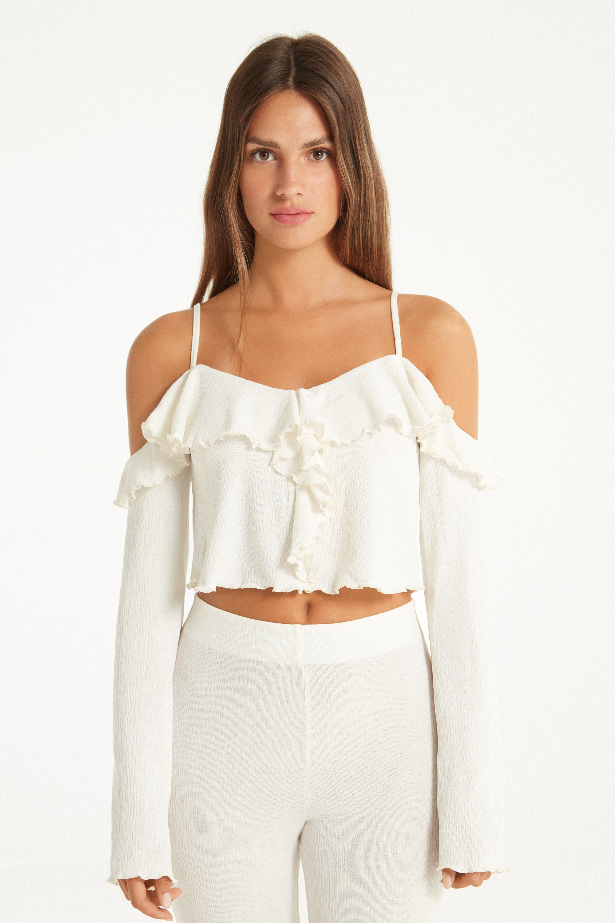 TOP LONG SLEEVE CROP SHOULDER STRAPS EXPOSED CREPE - | Tezenis