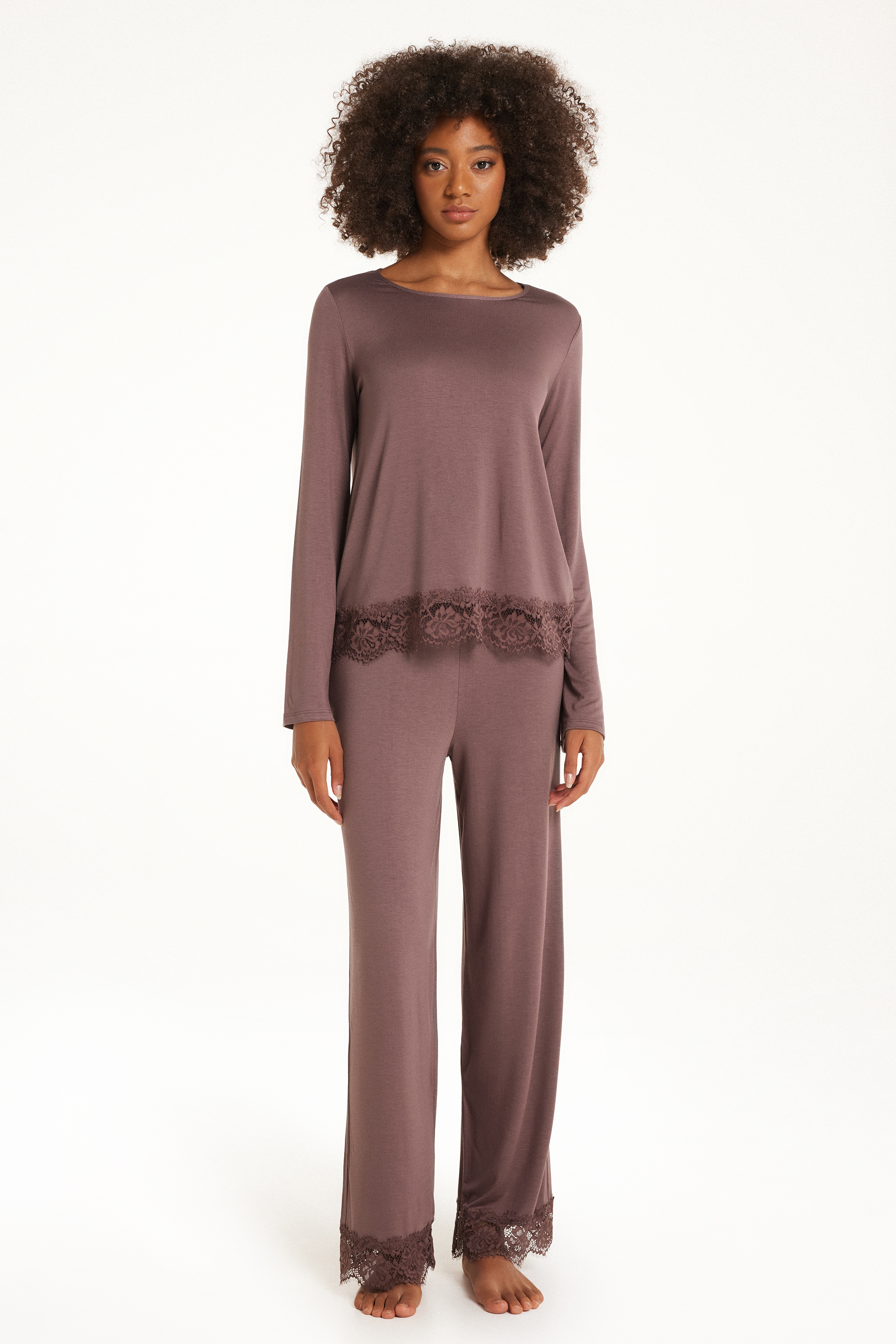 Dlouhé Viskózové Pyžamo s Krajkou - Dlouhá pyžama - Dámské | Tezenis