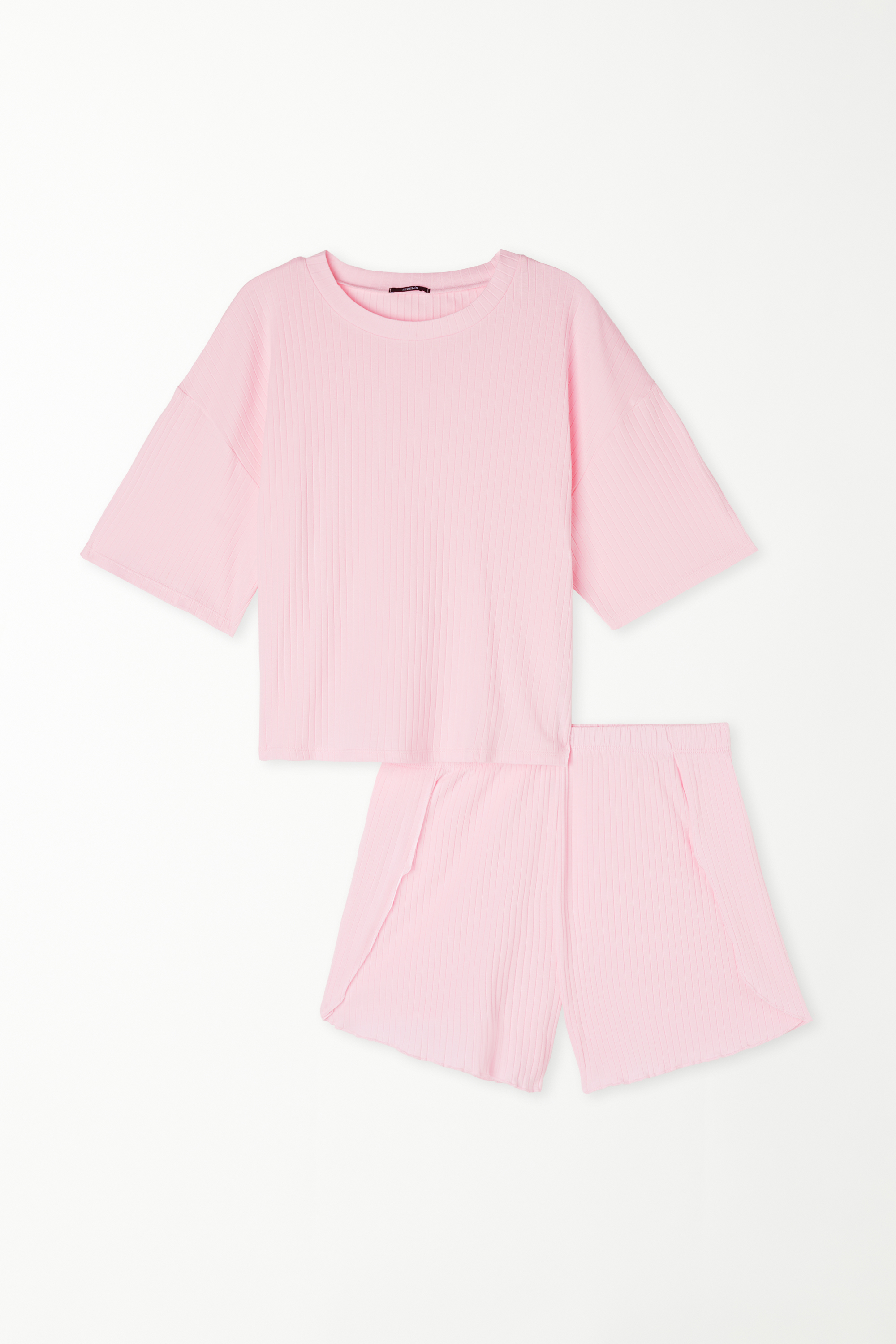 Half-Sleeve Wide Rib Cotton Short Pajamas - | Tezenis