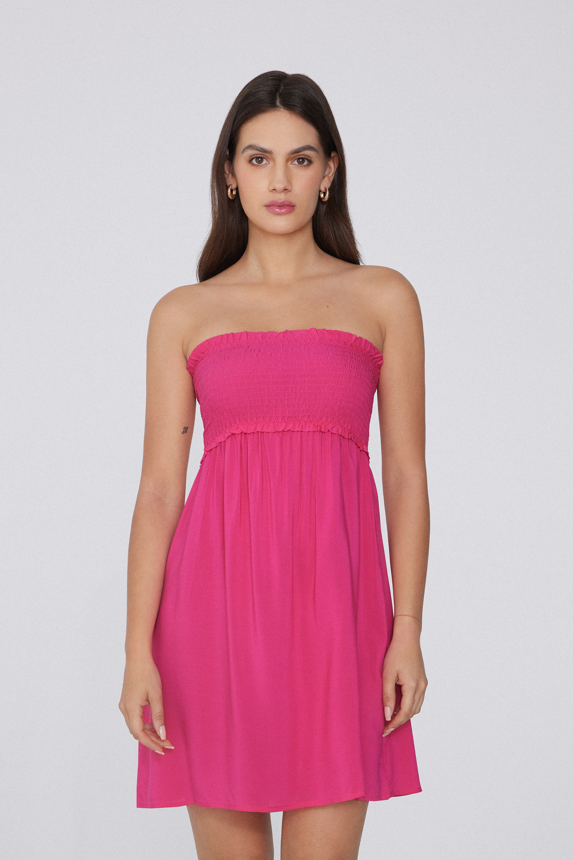 Short Bandeau Smock Stitch Viscose Fabric Dress - Dresses - Women | Tezenis