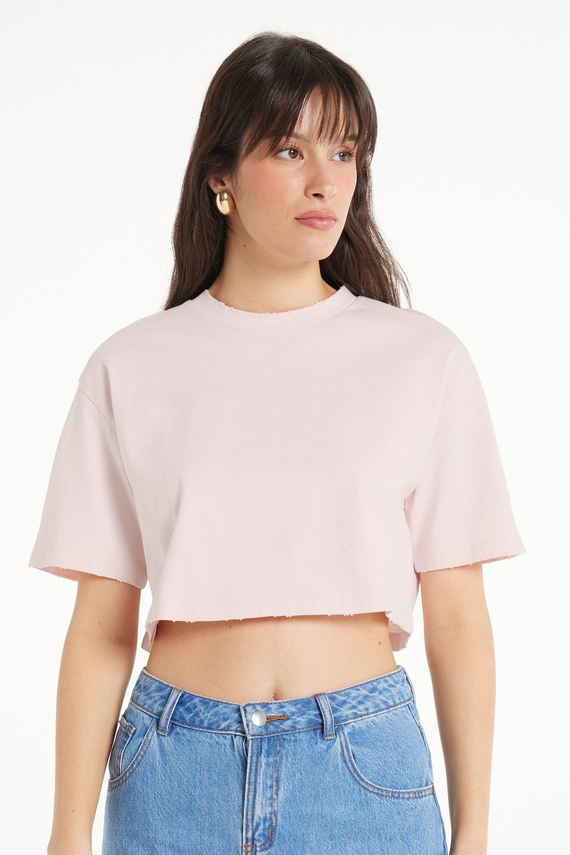 Crew Neck Cropped Cotton T-Shirt - | Tezenis