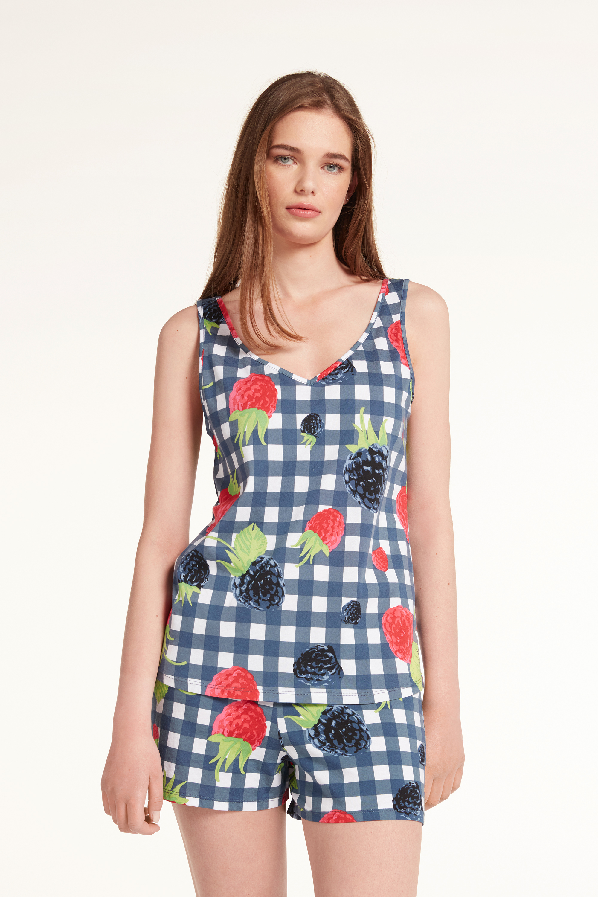 Short Sleeveless Cotton Pajamas with Raspberry Print - | Tezenis