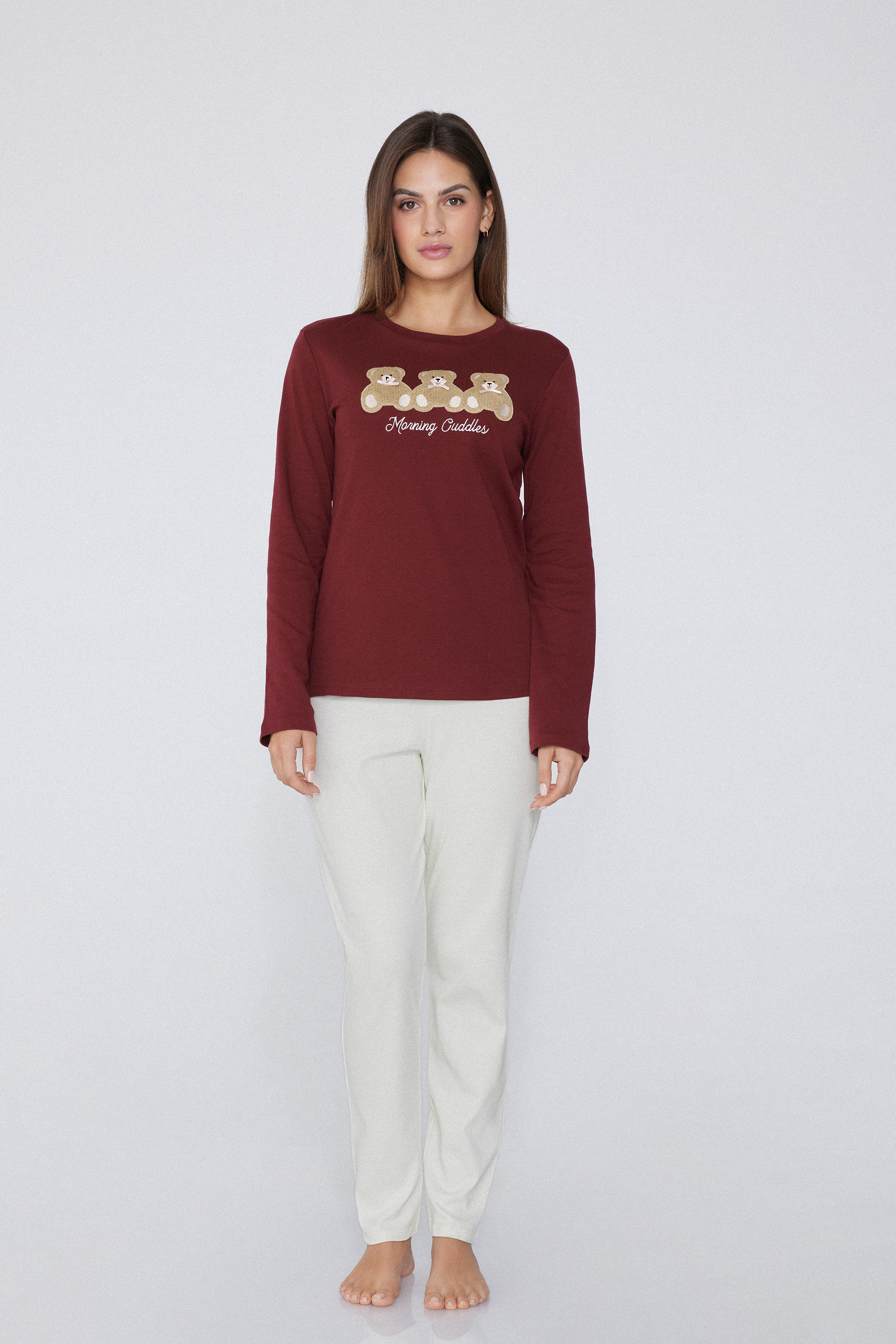 Langer Rundhals-Pyjama aus schwerer Baumwolle Bärchen