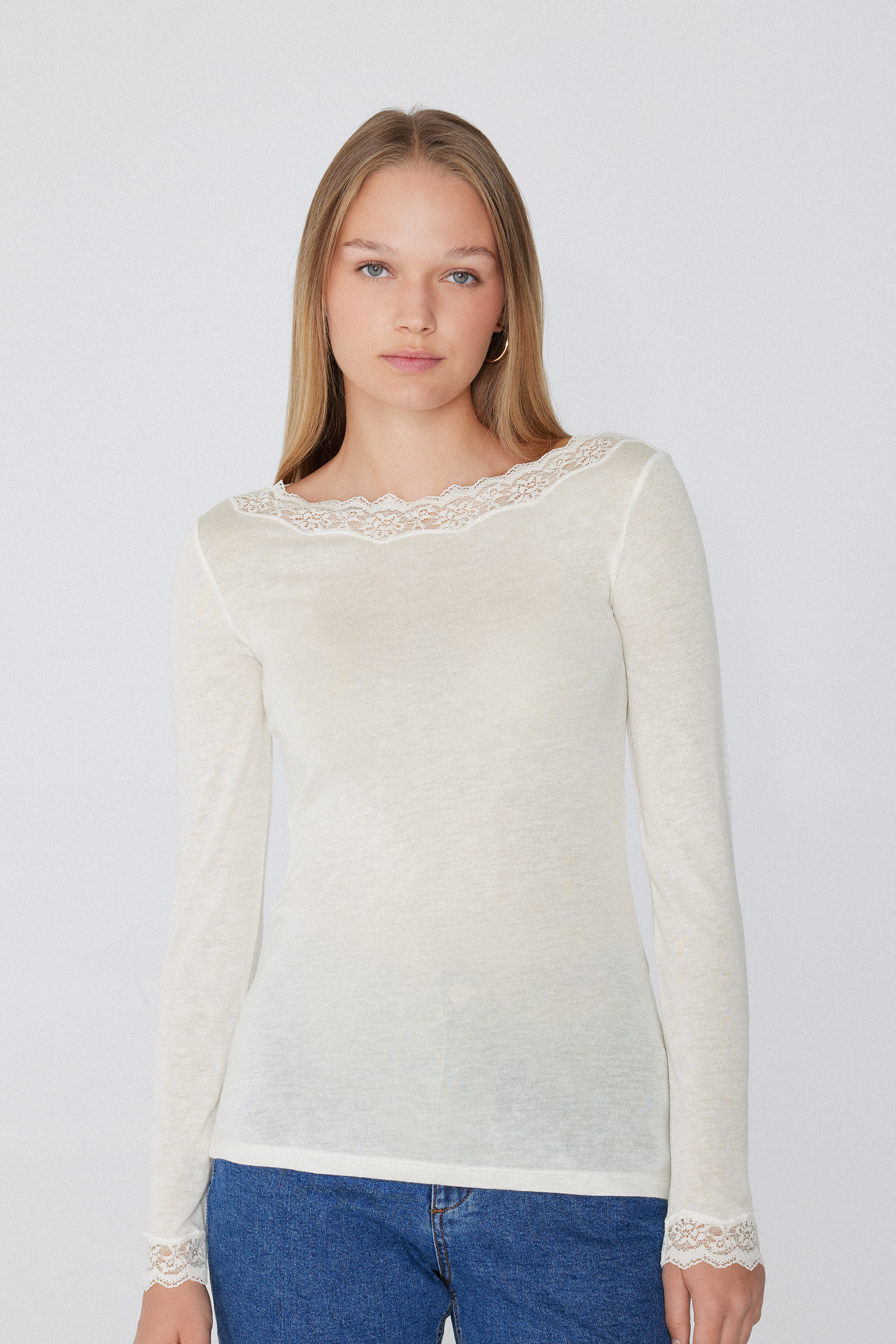 Long-Sleeved Lace/Merino Wool Top with Boat Neck
