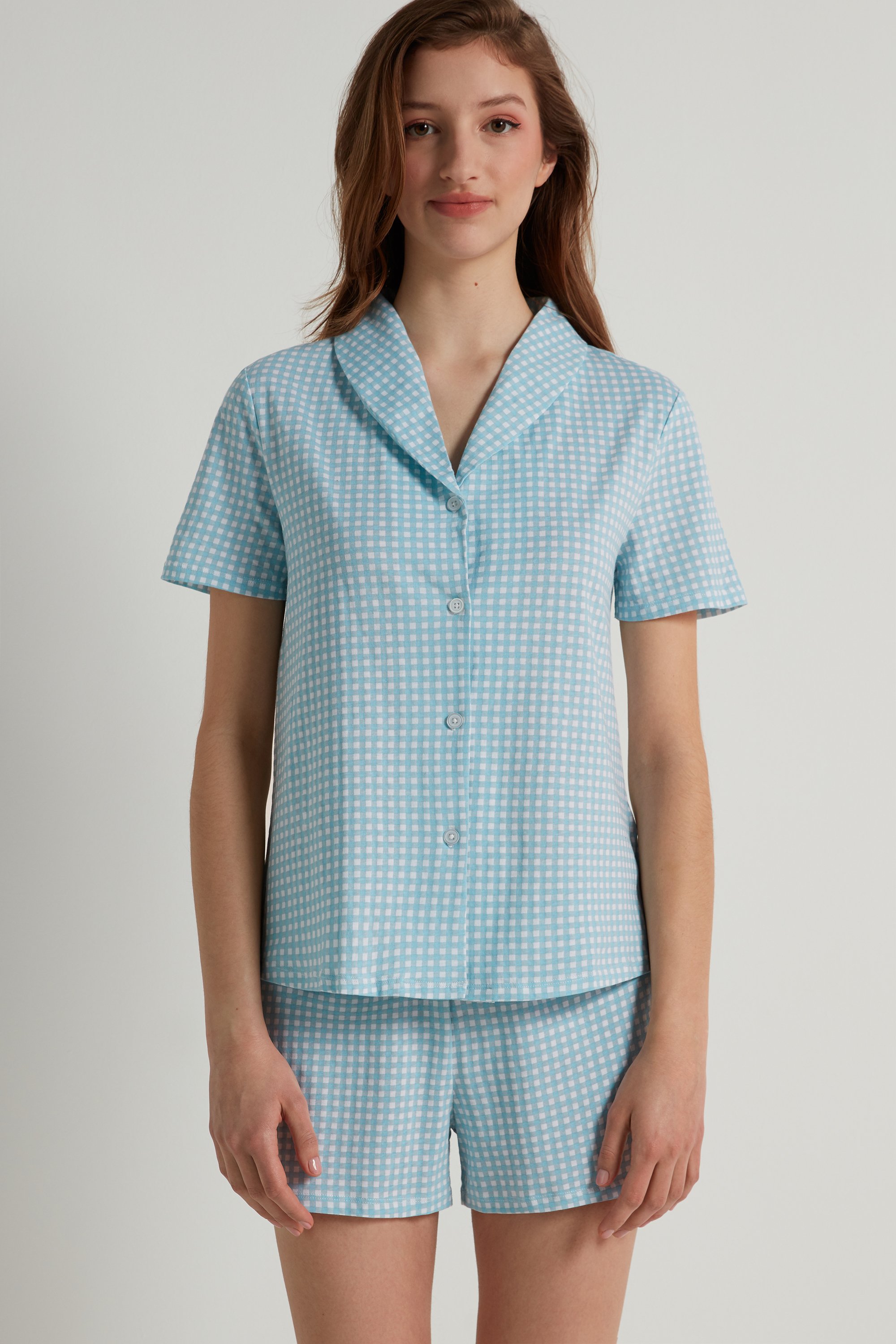 Short Cotton Button-Up Pyjamas with Gingham Print - | Tezenis